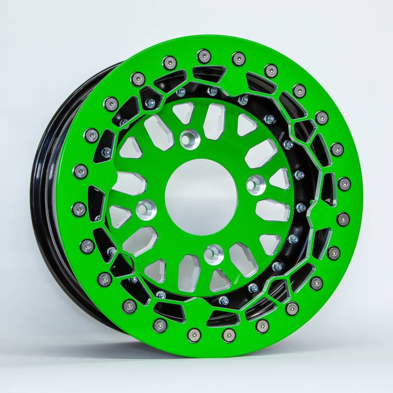 KAWI GREEN CUSTOM BAJA CRUSHER BILLET UTV BEADLOCK WHEELS (SET OF 4 WH ...